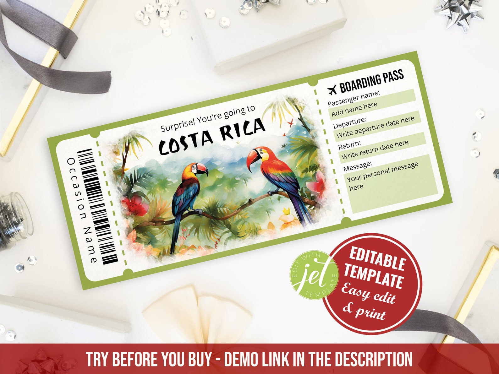 Editable Costa Rica Boarding Pass Template, Personalized Gift Printable ...