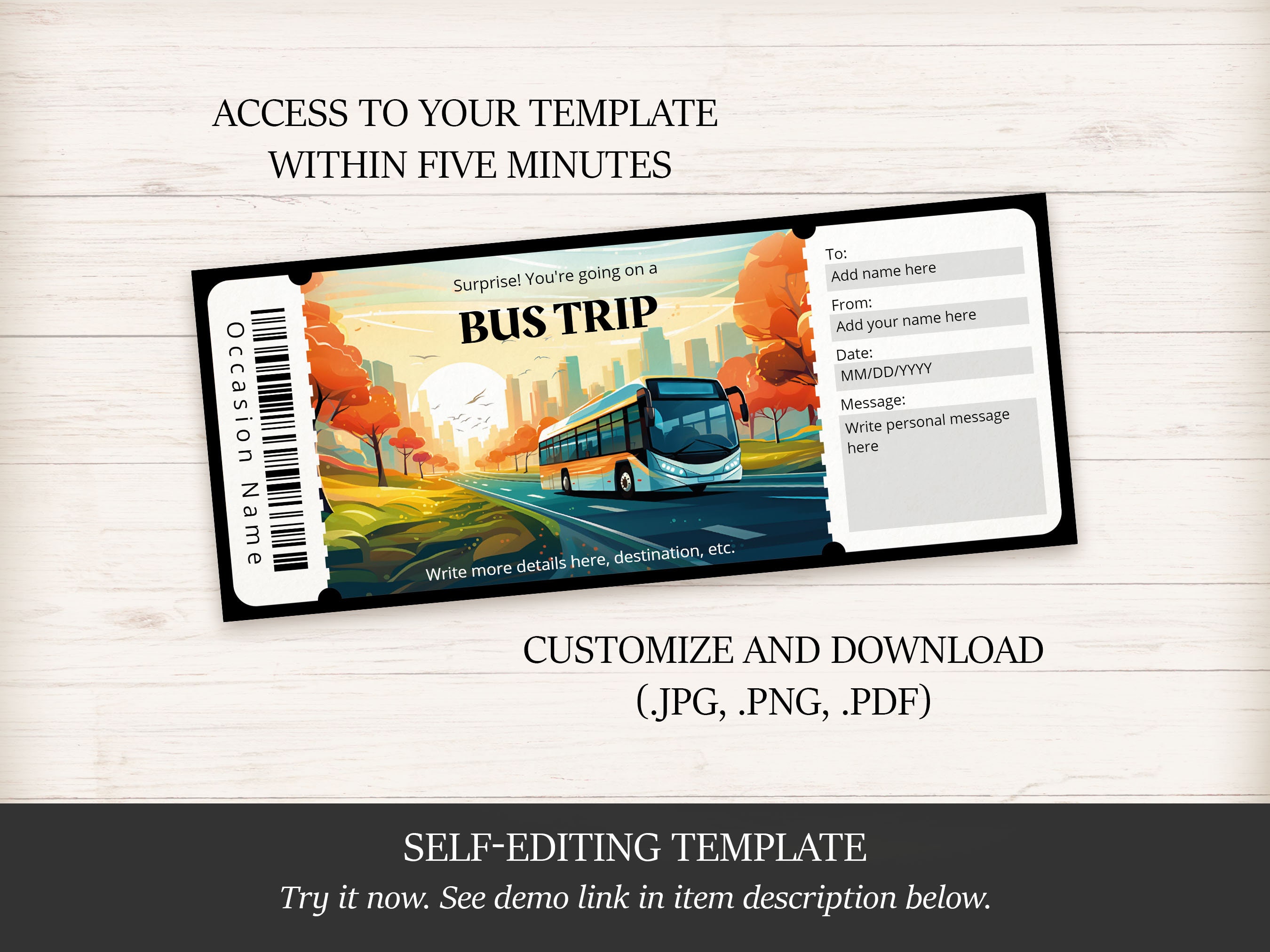 Editable Bus Ticket Template, Coach Ticket Surprise Gift Voucher Reveal ...