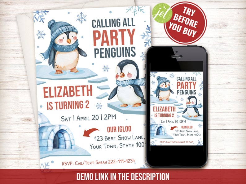 Editable Penguin Birthday Invitation Template, Winter Party Cute ...