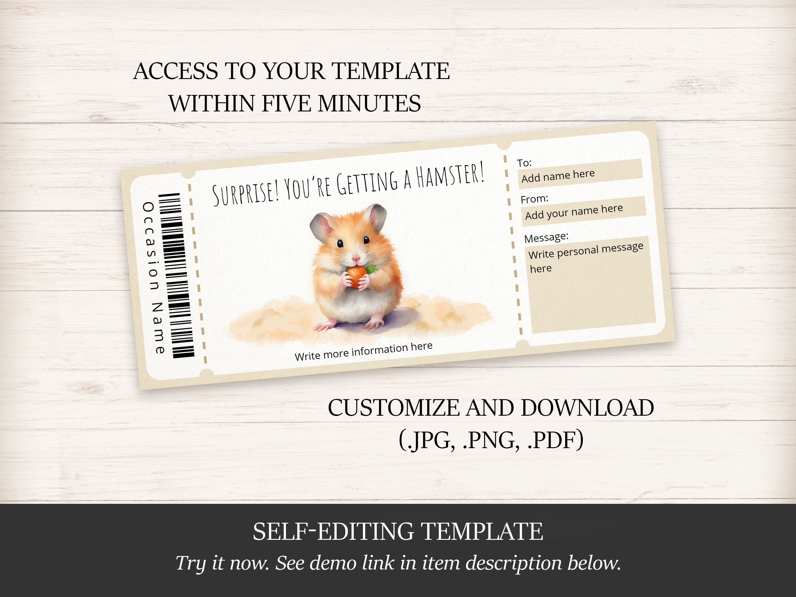Editable Hamster Gift Certificate Template, Personalized Printable ...