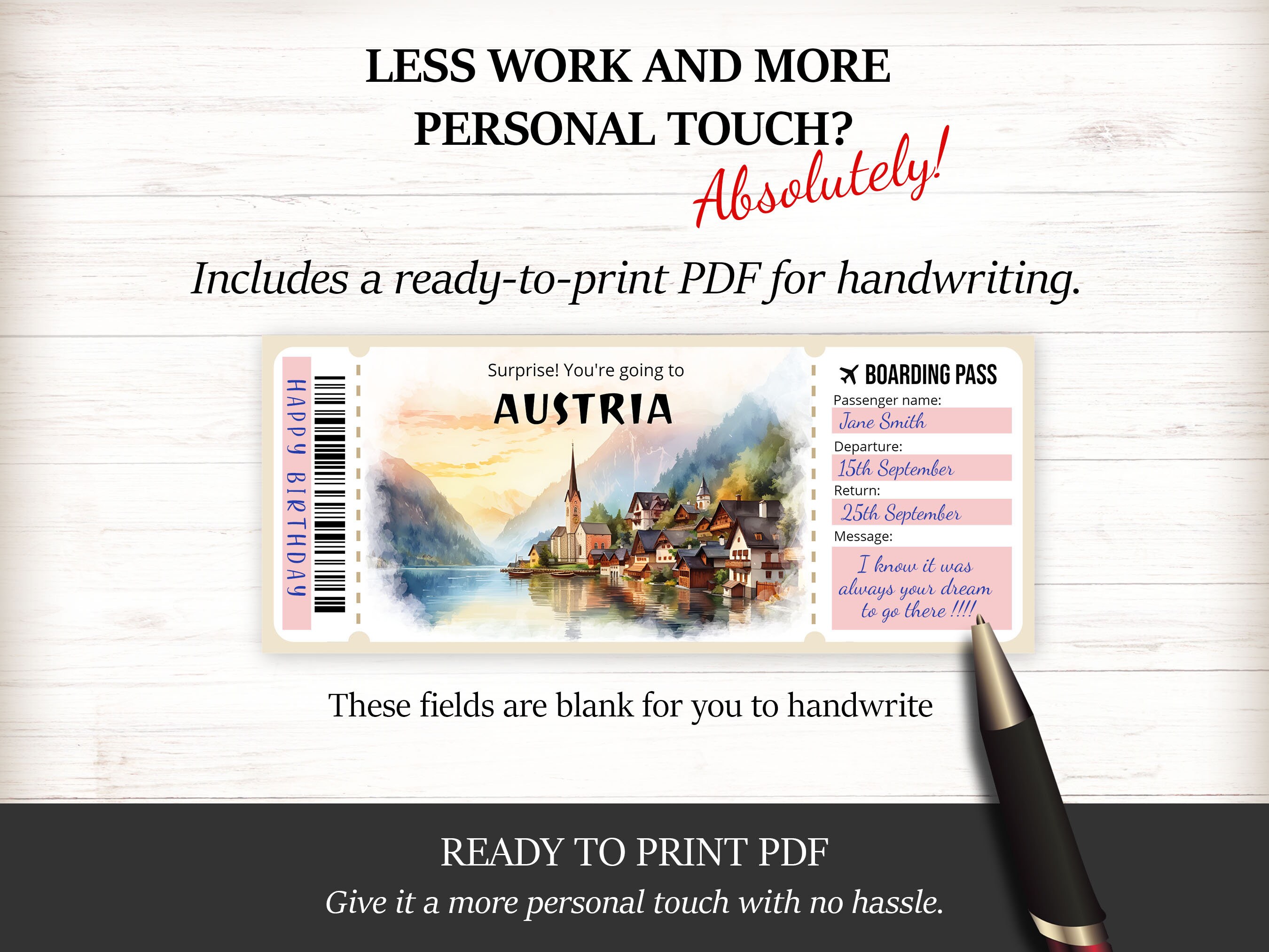 Editable Austria Boarding Pass Template, Personalized Gift Printable ...