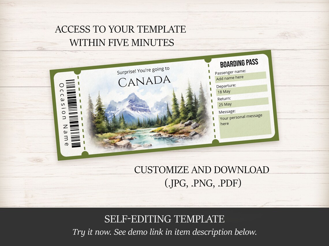 Editable Canada Boarding Pass Template, Watercolor Surprise Canada Trip ...