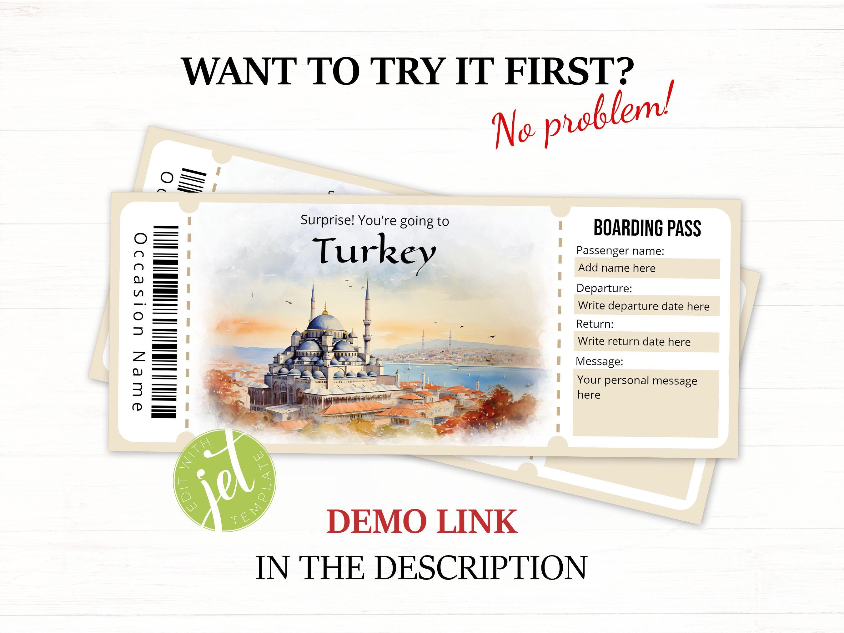 Editable Turkey Boarding Pass Template, Watercolor Surprise Turkey Trip ...