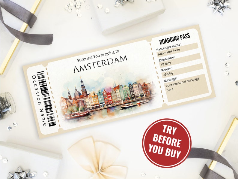 Editable Amsterdam Boarding Pass Template, Watercolor Surprise ...