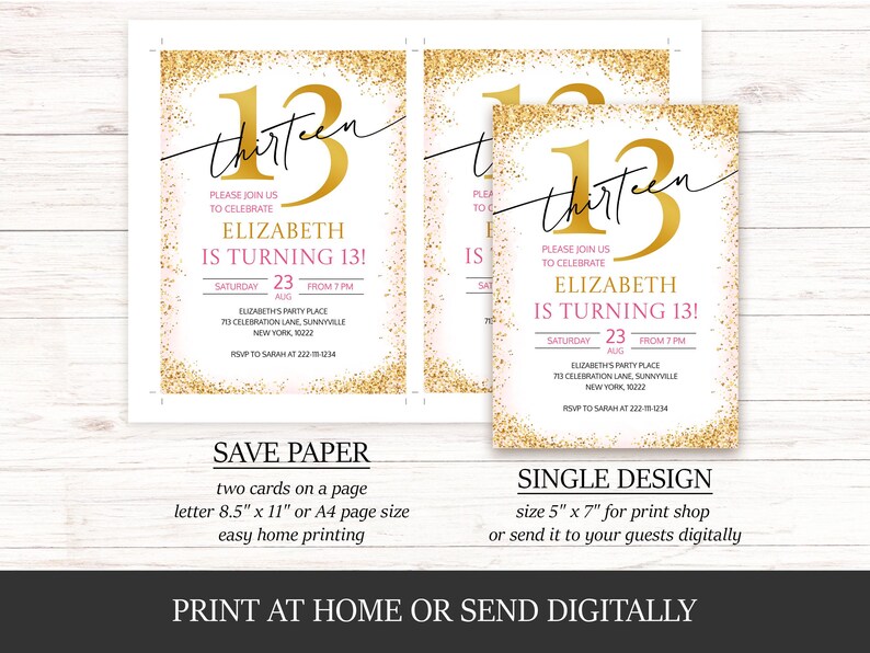 13th Birthday Invitation Template for Girl, Editable Pink 13th Birthday ...