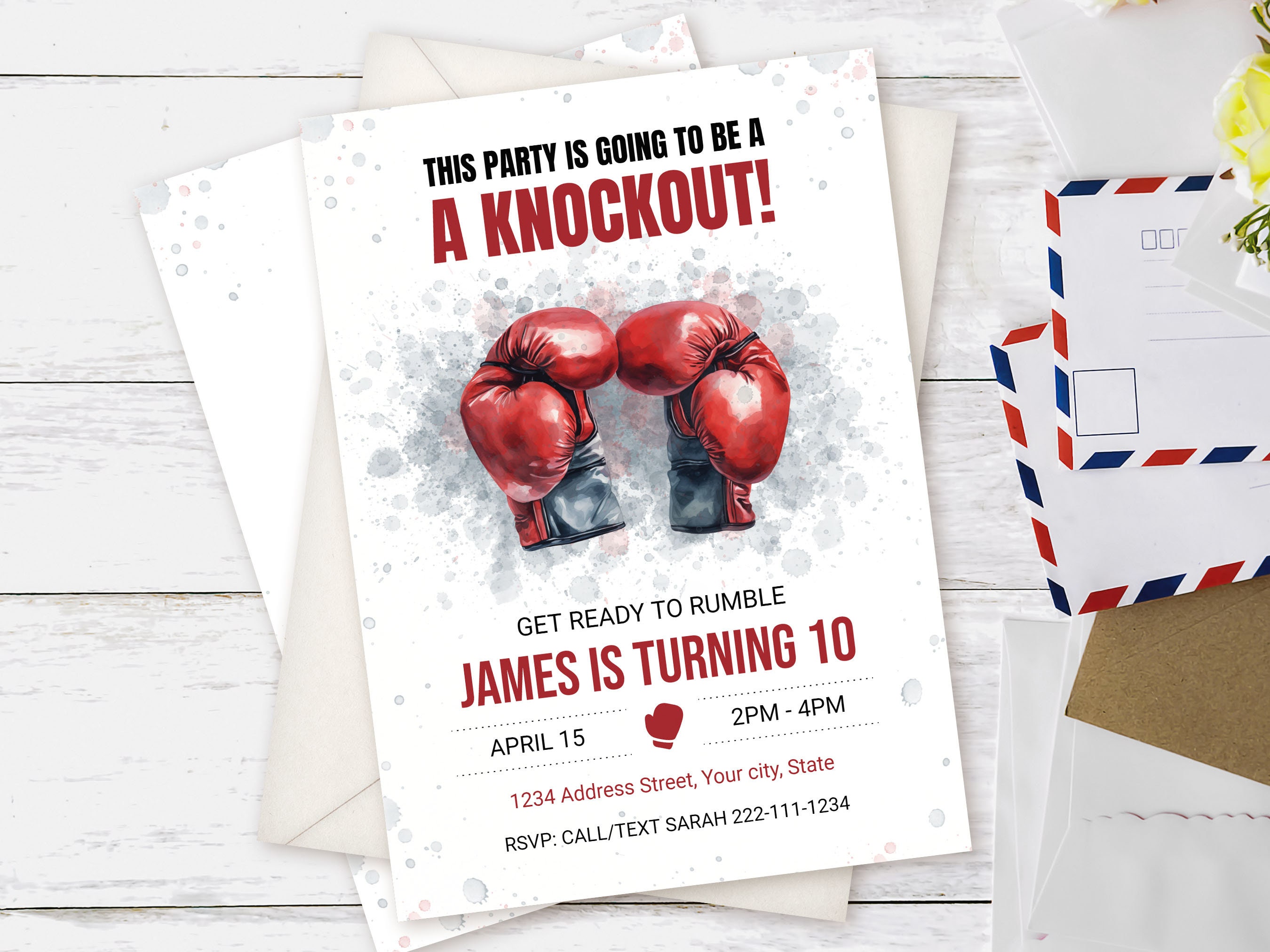 Editable Boxing Birthday Invitation Template, Watercolor Boxing Party ...