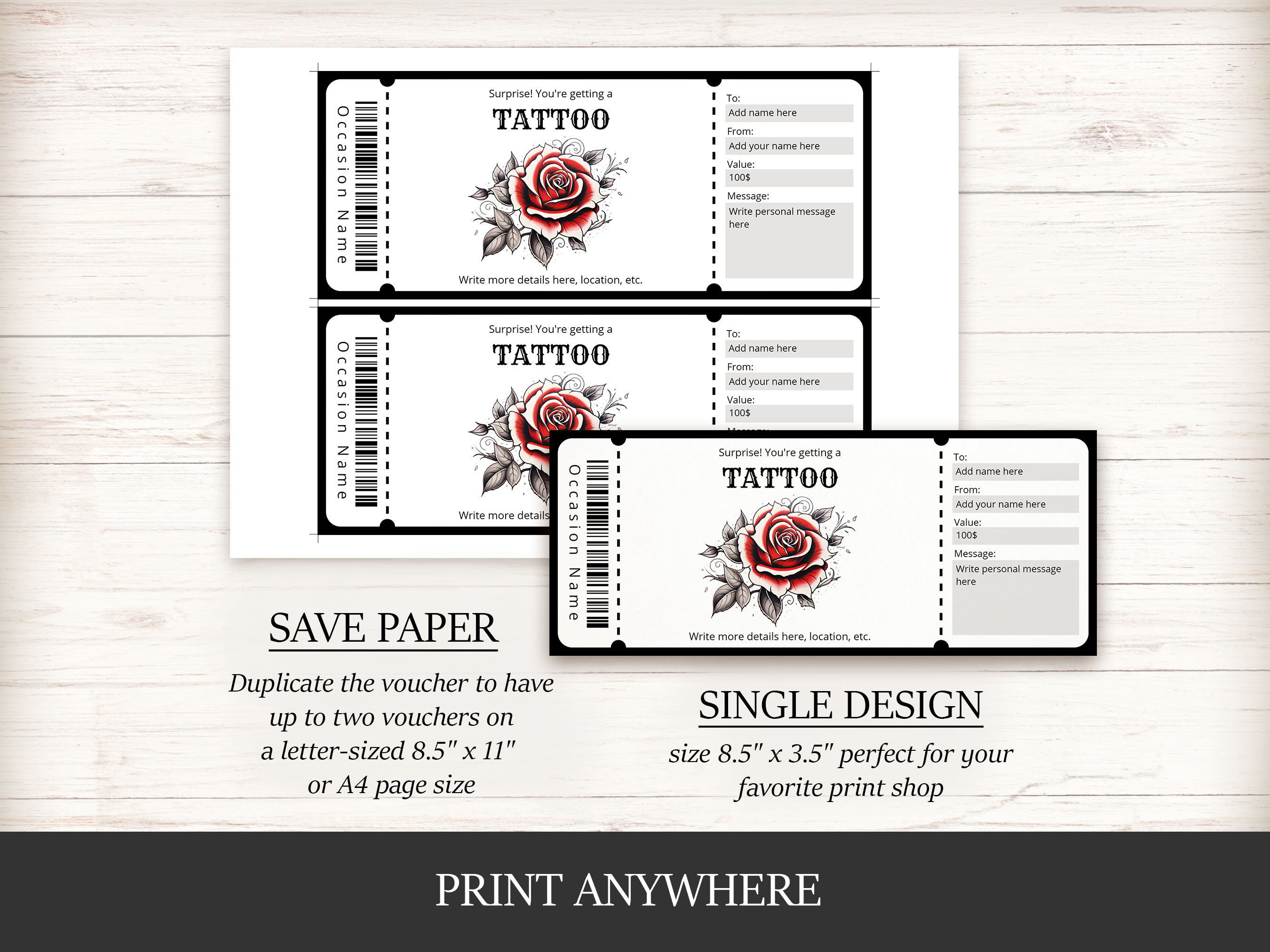 Surprise Tattoo Ticket Template, Customizable and Printable Tattoo ...