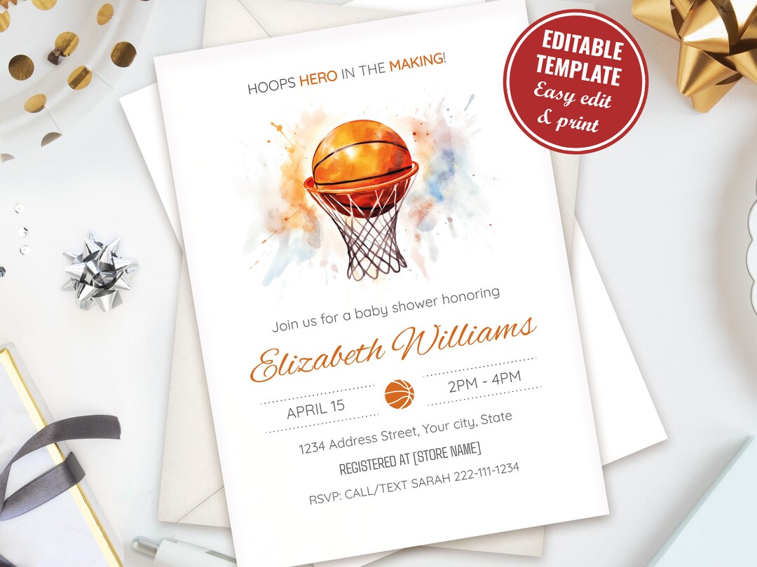 Editable Basketball Baby Shower Invitation Template, Elegant Watercolor ...