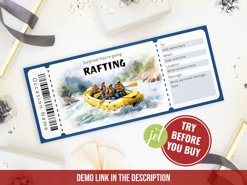 Editable Rafting Experience Ticket Gift Certificate Template, Printable ...