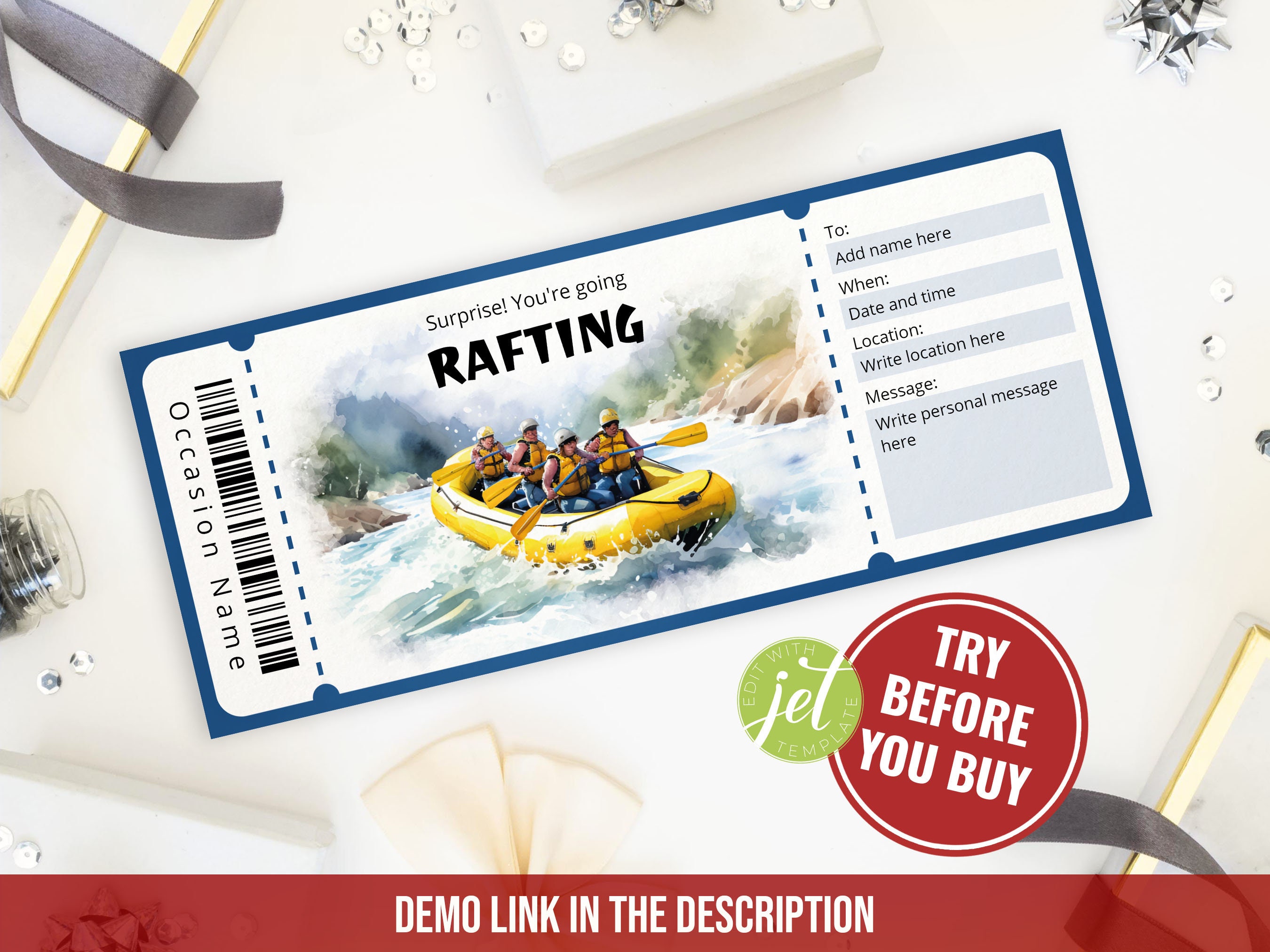 Editable Rafting Experience Ticket Gift Certificate Template, Printable ...