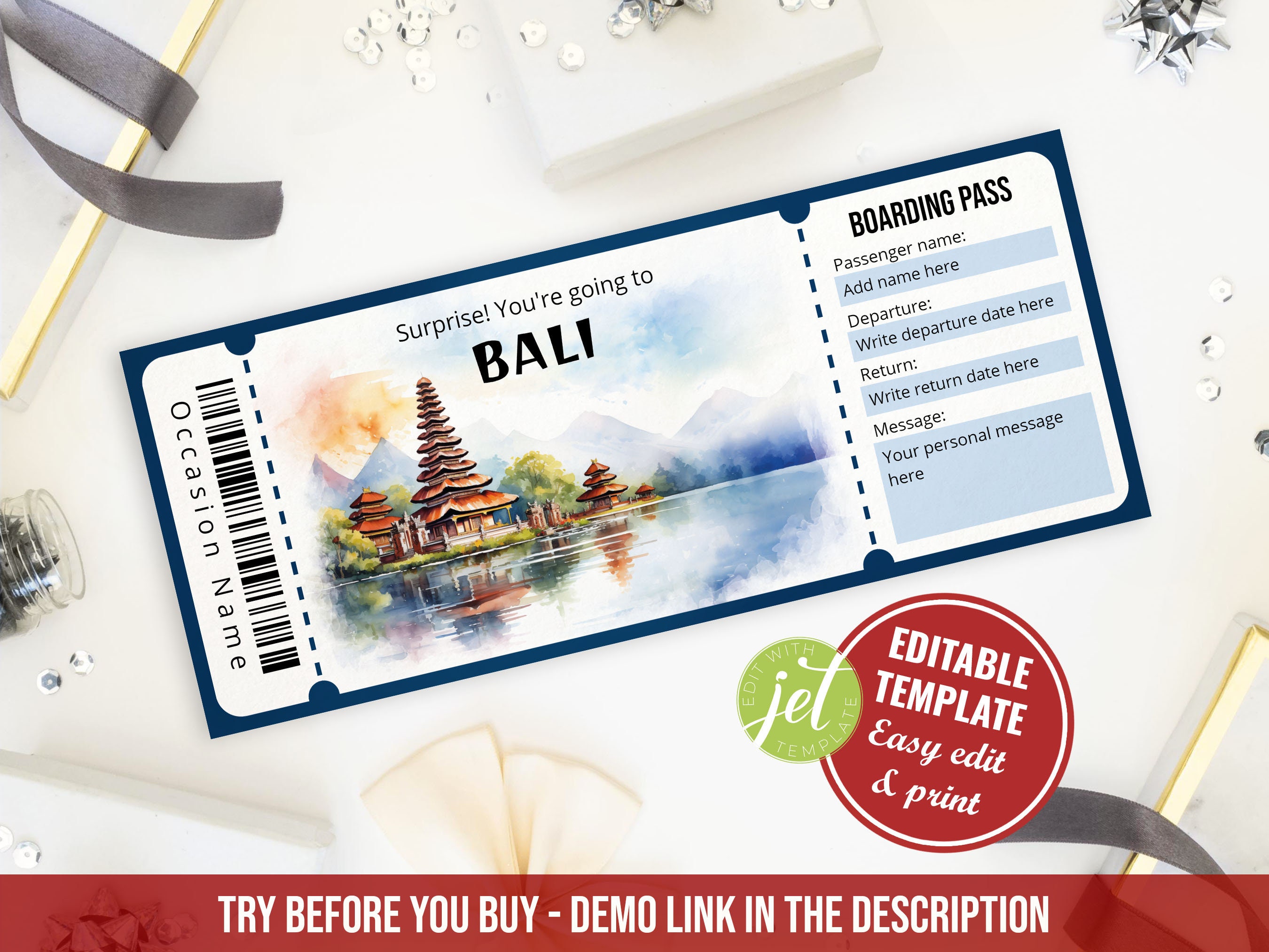 Printable Bali Boarding Pass Template, Personalized Editable Surprise ...