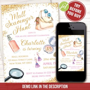 Editable Mall Scavenger Hunt Invitation Template for Girl, Mall Party ...