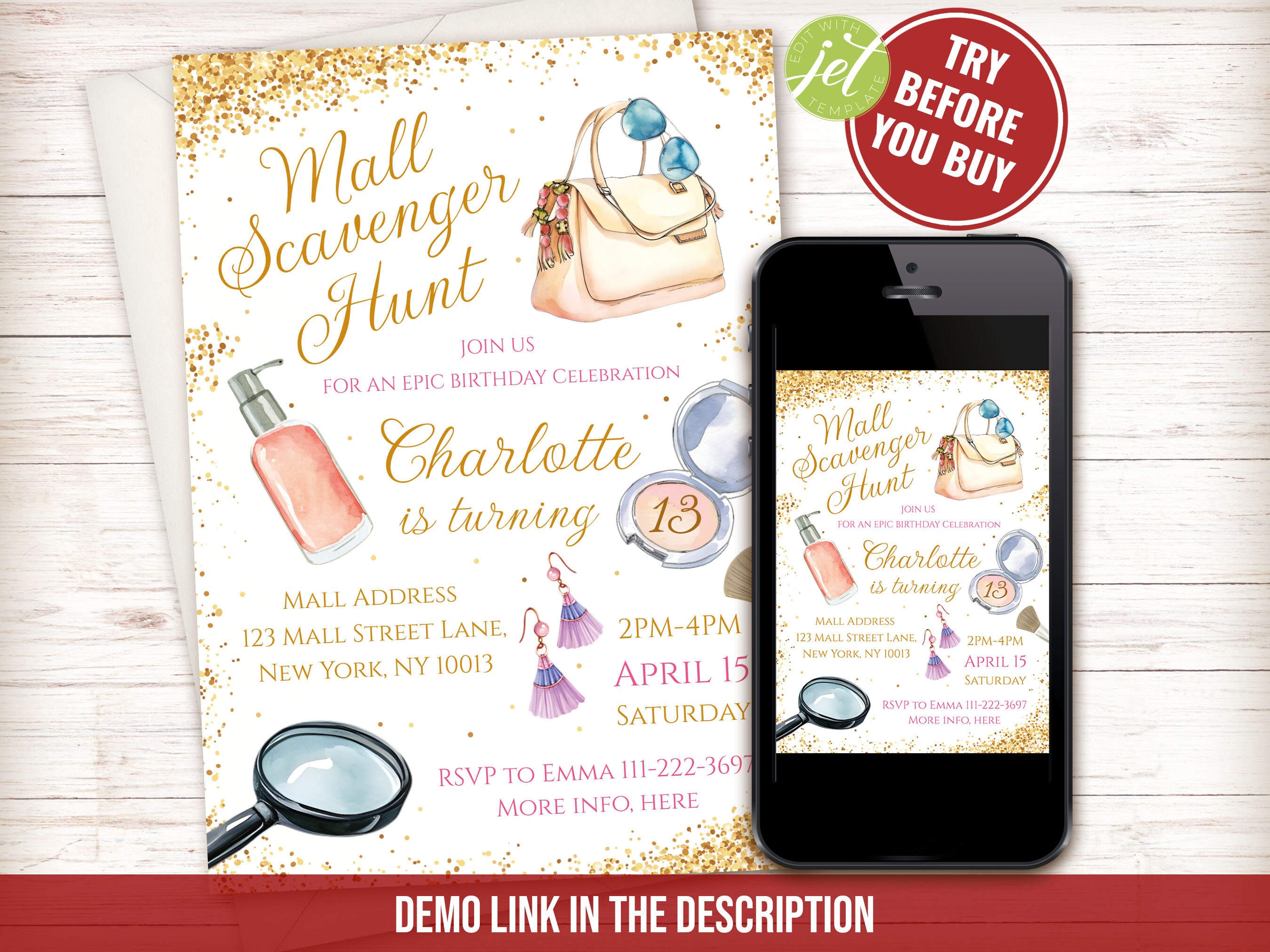 Editable Mall Scavenger Hunt Invitation Template for Girl, Mall Party Invitation, Teen Birthday ...