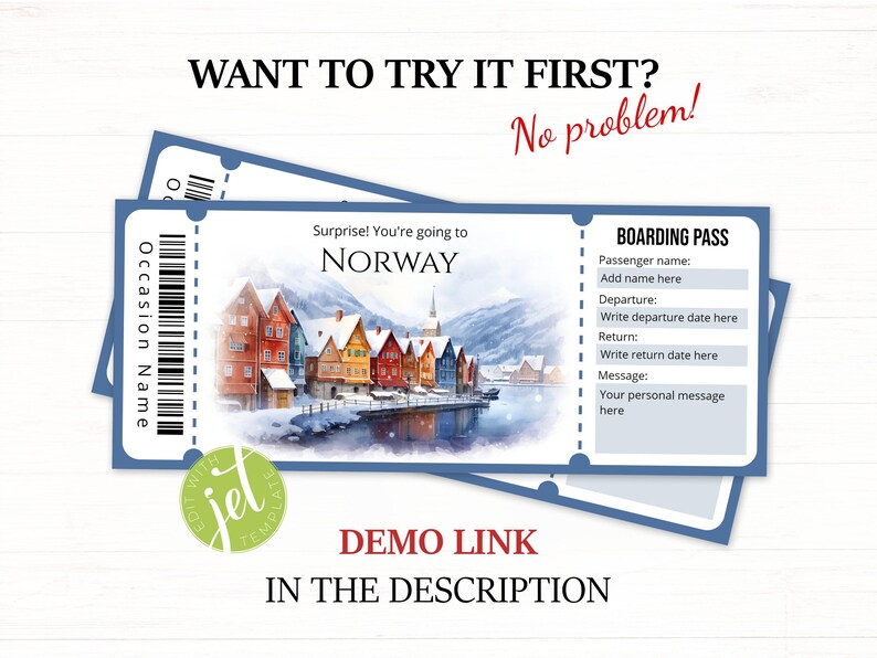 Editable Norway Boarding Ticket Template, Watercolor Surprise Norway ...