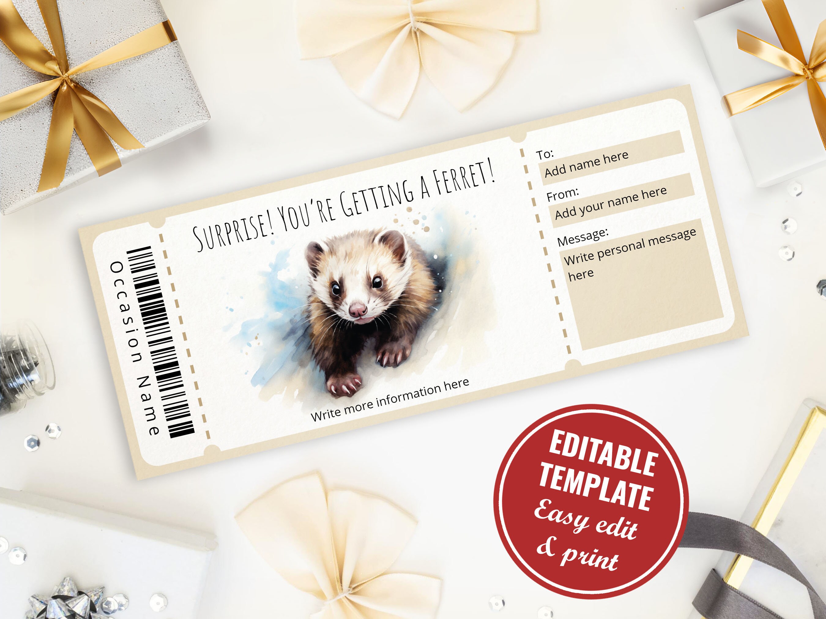 Editable Ferret Gift Certificate Template for Ferret Lover - Etsy