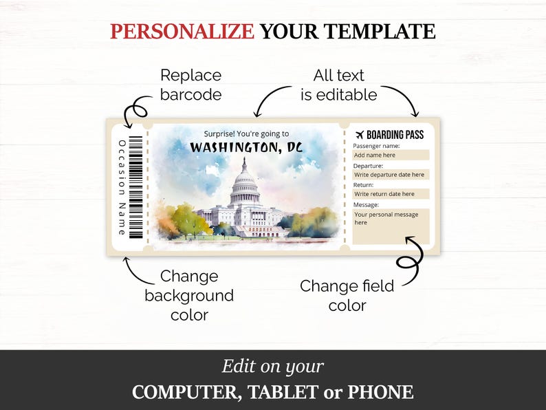 Surprise Washington DC USA Trip Reveal Gift Ticket Template, Editable ...