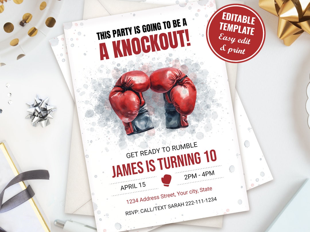 Editable Boxing Birthday Invitation Template, Watercolor Boxing Party ...