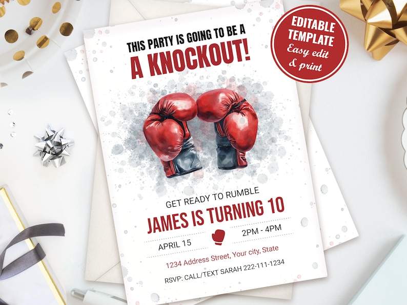 Editable Boxing Birthday Invitation Template, Watercolor Boxing Party ...