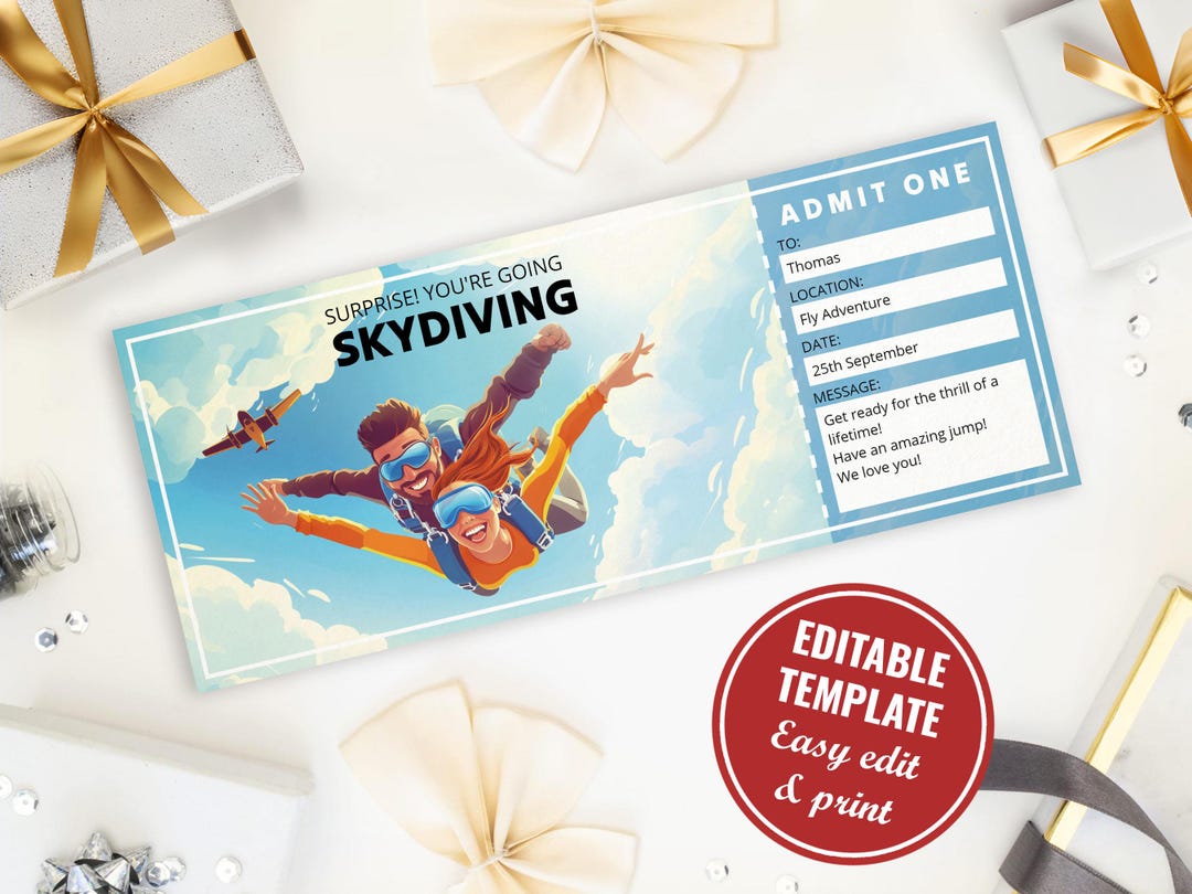 Editable Skydiving Gift Certificate Template, Printable Tandem ...