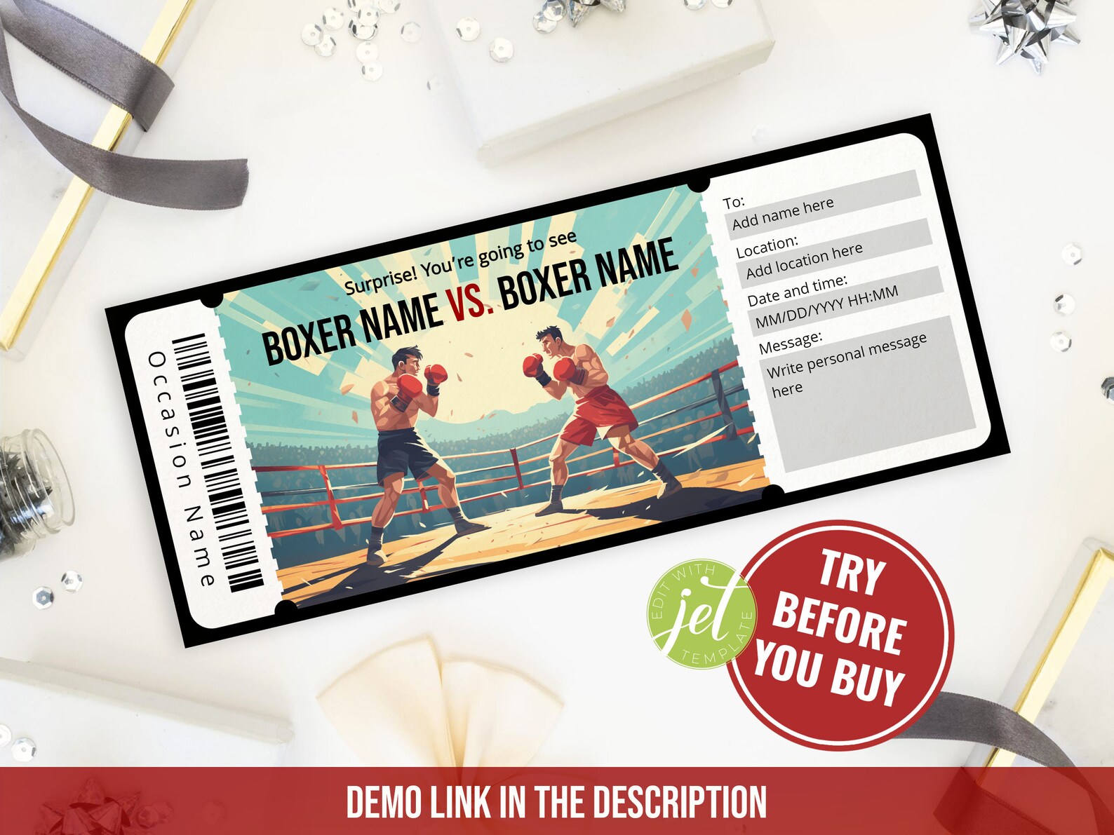 Surprise Boxing Game Ticket Template, Customizable and Printable Boxing ...