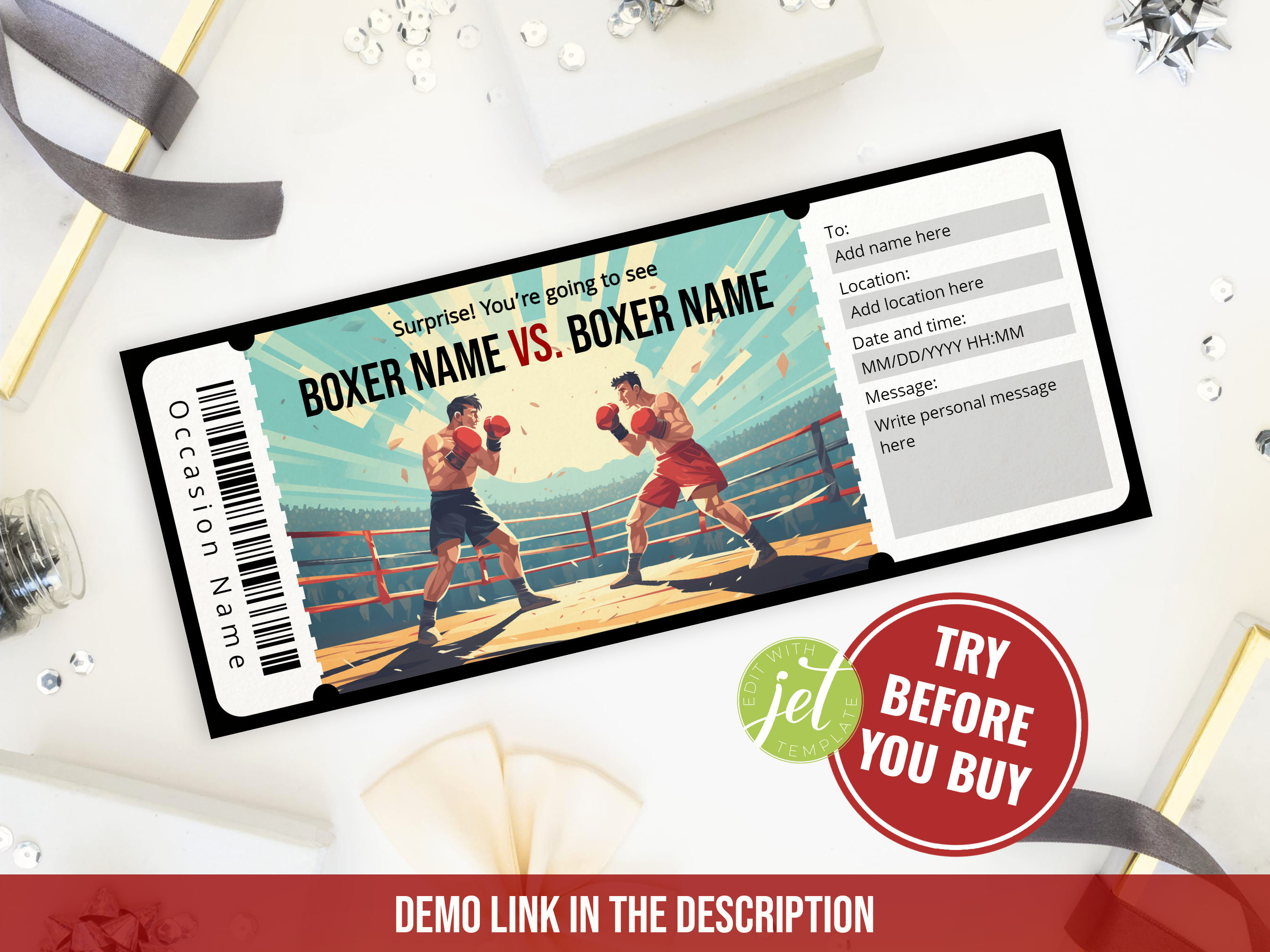 Surprise Boxing Game Ticket Template, Customizable and Printable Boxing ...