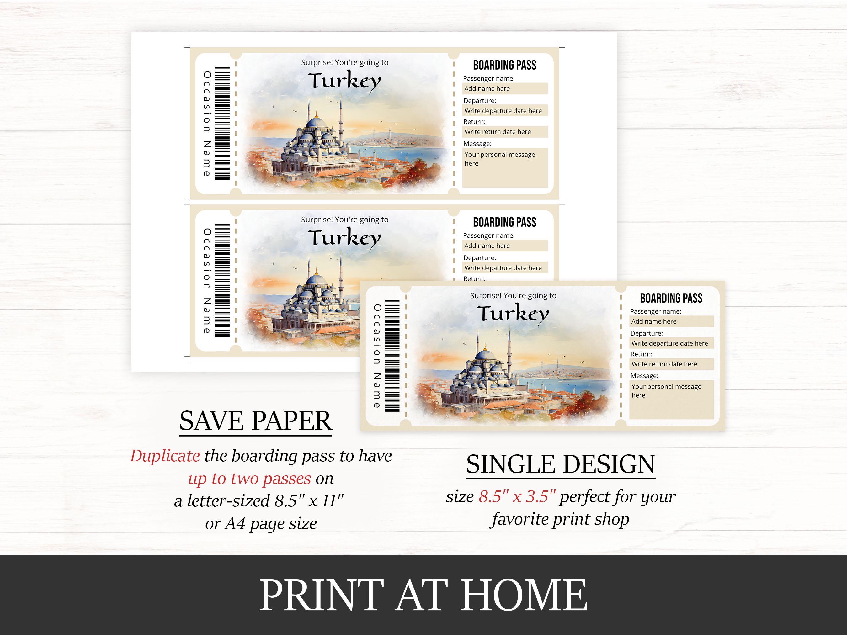 Editable Turkey Boarding Pass Template, Watercolor Surprise Turkey Trip ...