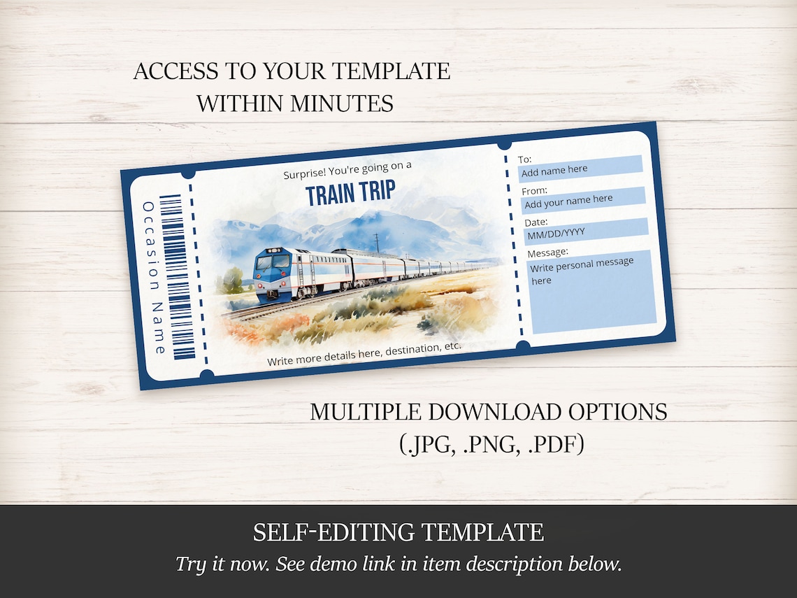 Editable Watercolor Train Ticket Template, Railway Ticket Surprise Gift ...