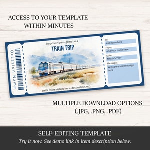 Editable Watercolor Train Ticket Template, Railway Ticket Surprise Gift ...