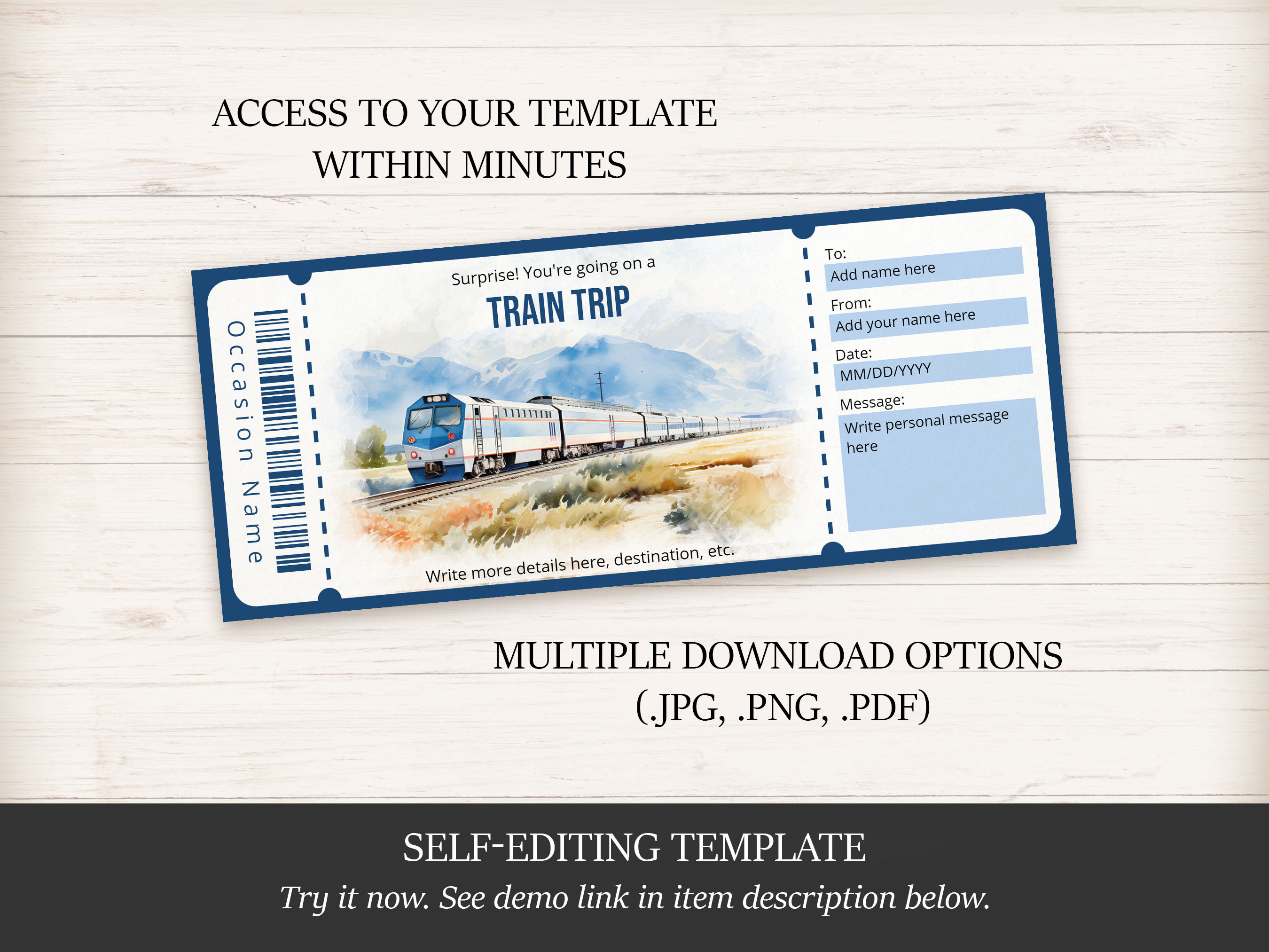 Editable Watercolor Train Ticket Template, Railway Ticket Surprise Gift ...