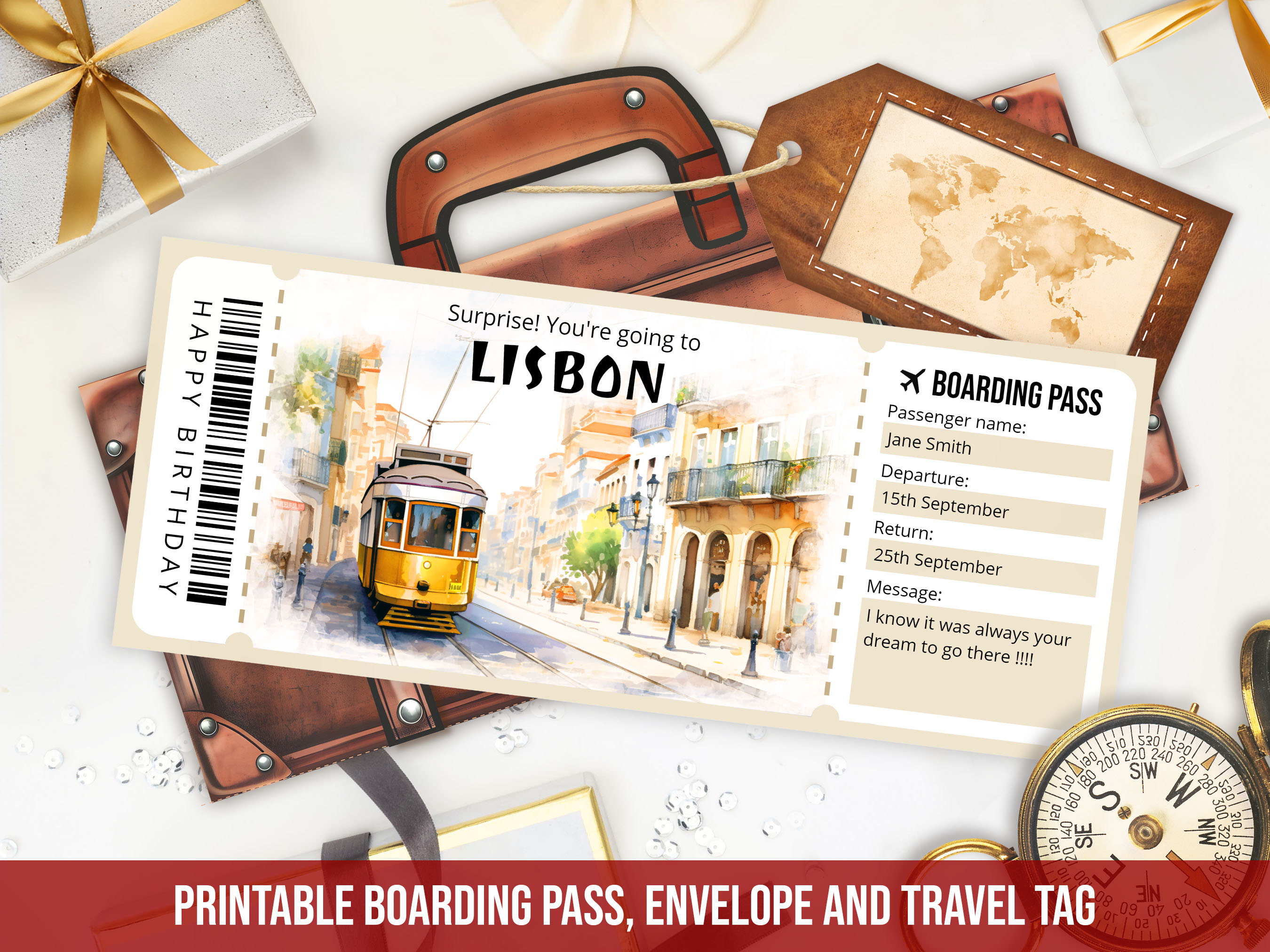 Editable Lisbon Boarding Pass Template, Personalized Gift Printable ...