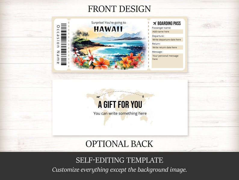 Editable Hawaii Boarding Pass Template, Personalized Gift Printable ...