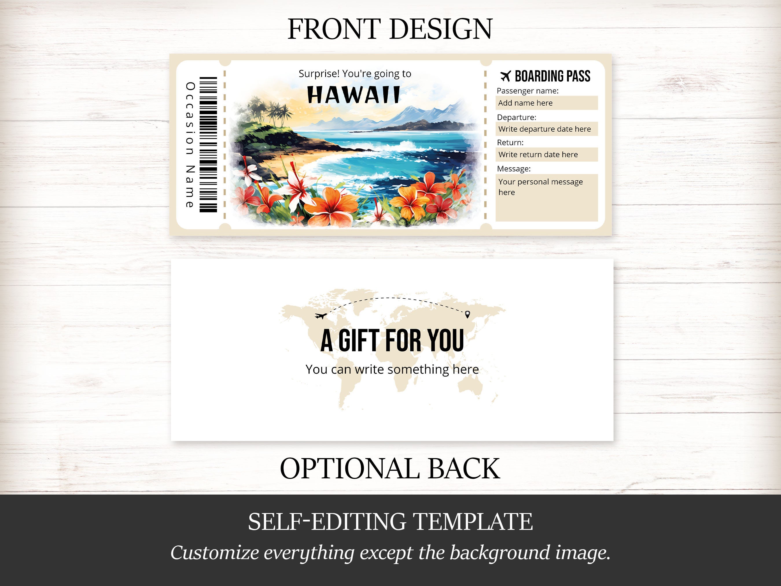 Editable Hawaii Boarding Pass Template, Personalized Gift Printable ...