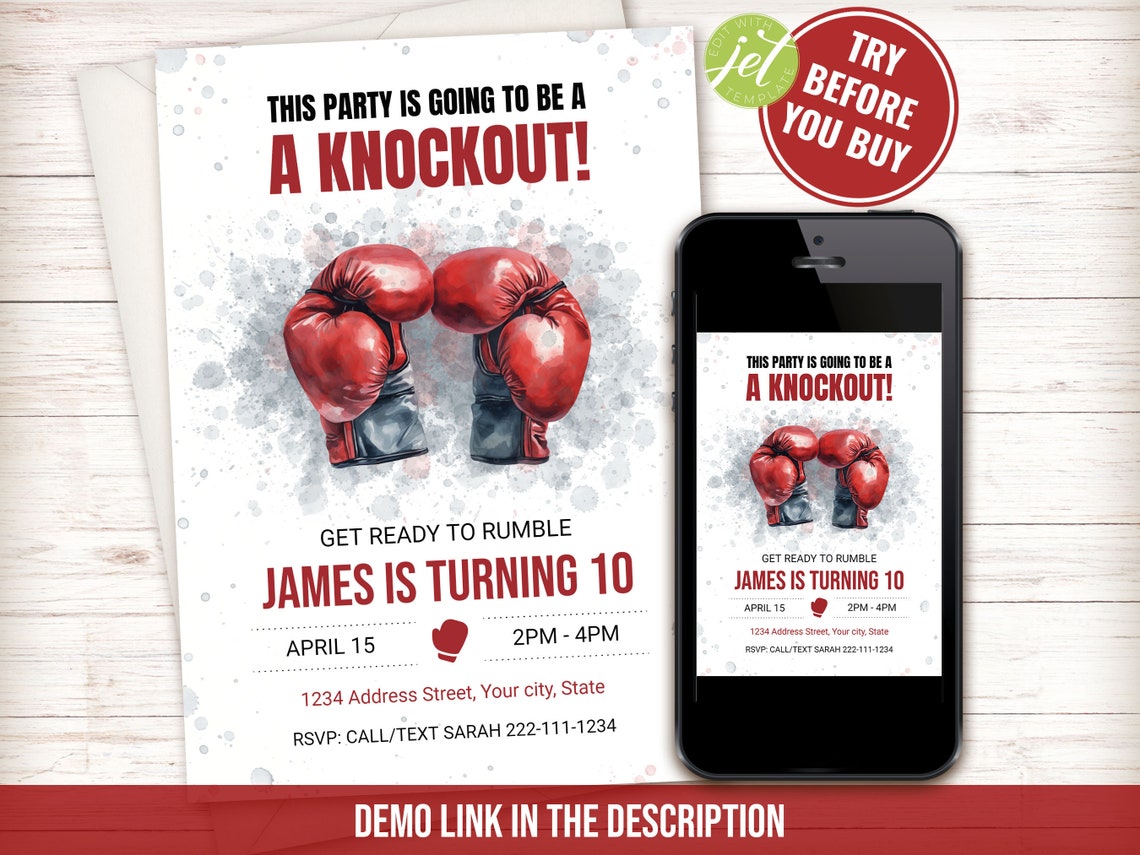 Editable Boxing Birthday Invitation Template, Watercolor Boxing Party ...