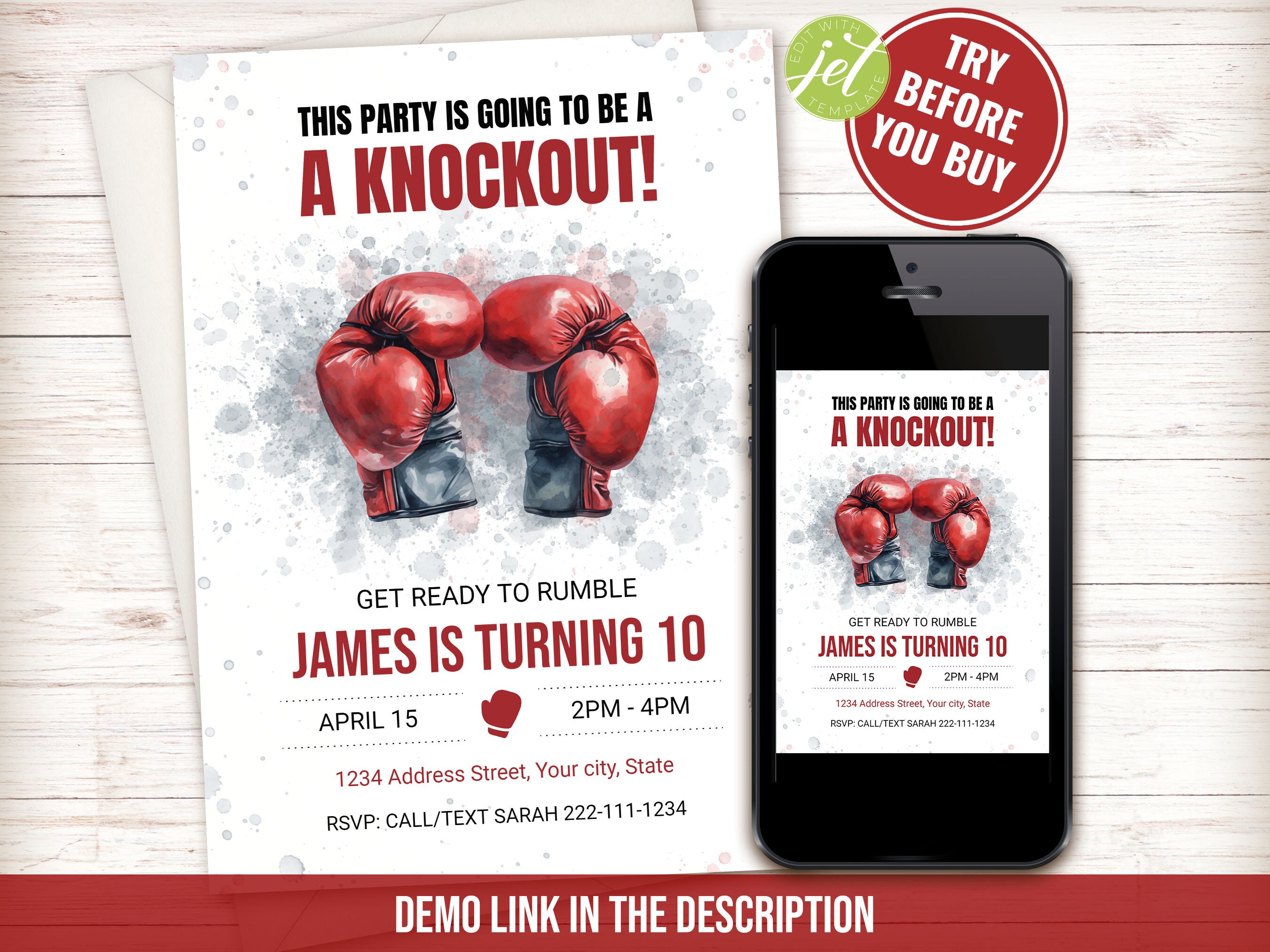Editable Boxing Birthday Invitation Template, Watercolor Boxing Party ...