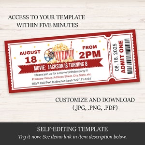 Editable Movie Ticket Birthday Invitation Template, Digital Movie ...