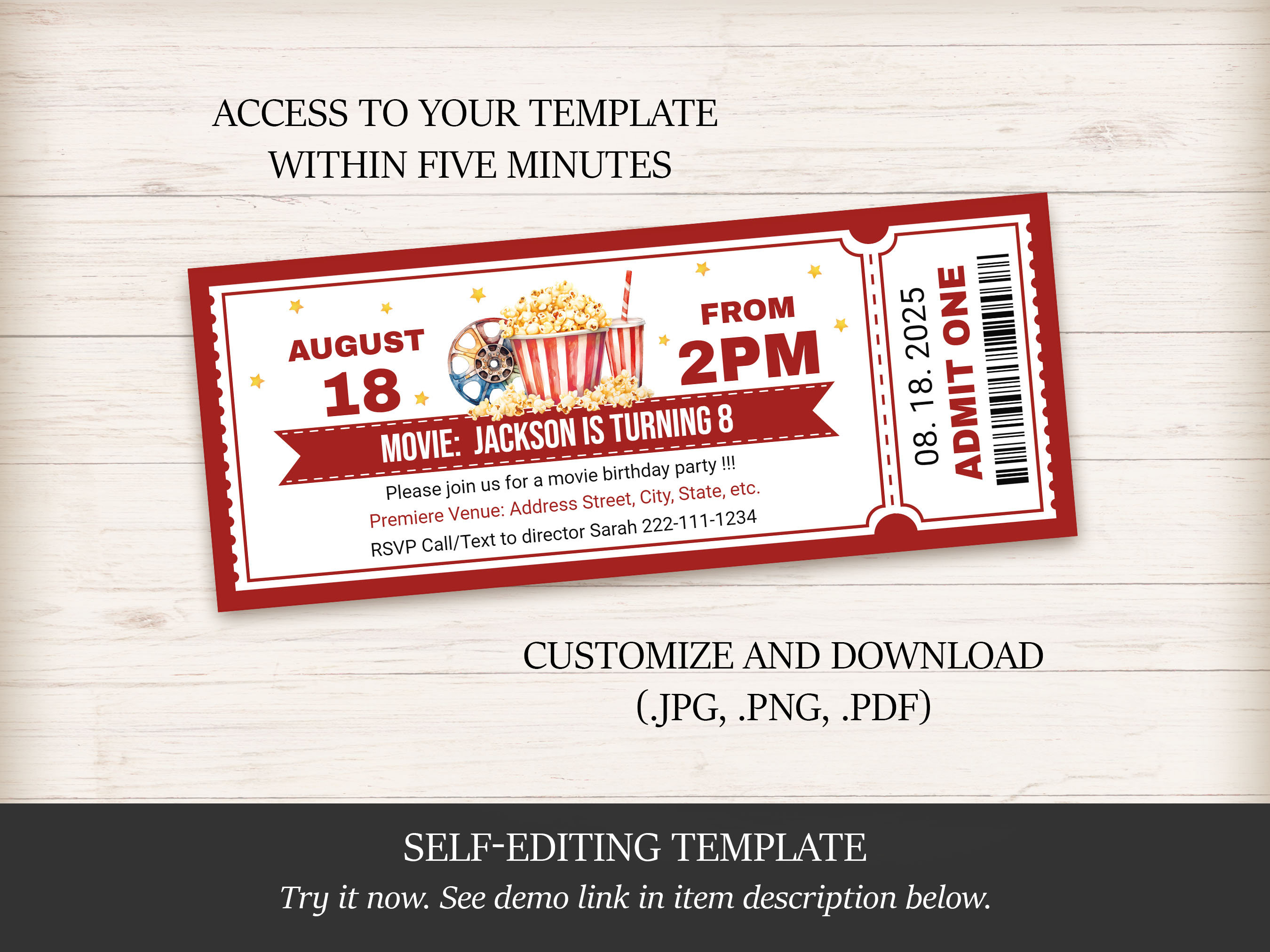 Editable Movie Ticket Birthday Invitation Template, Digital Movie ...