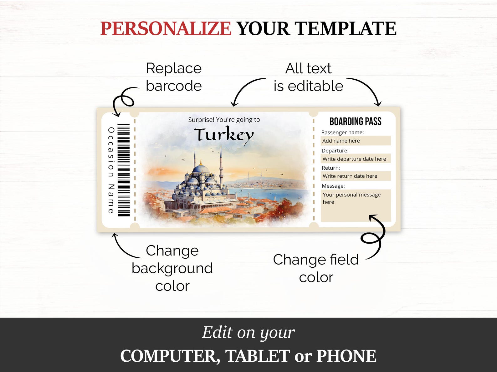 Editable Turkey Boarding Pass Template, Watercolor Surprise Turkey Trip ...