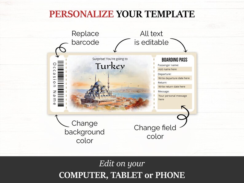 Editable Turkey Boarding Pass Template, Watercolor Surprise Turkey Trip ...