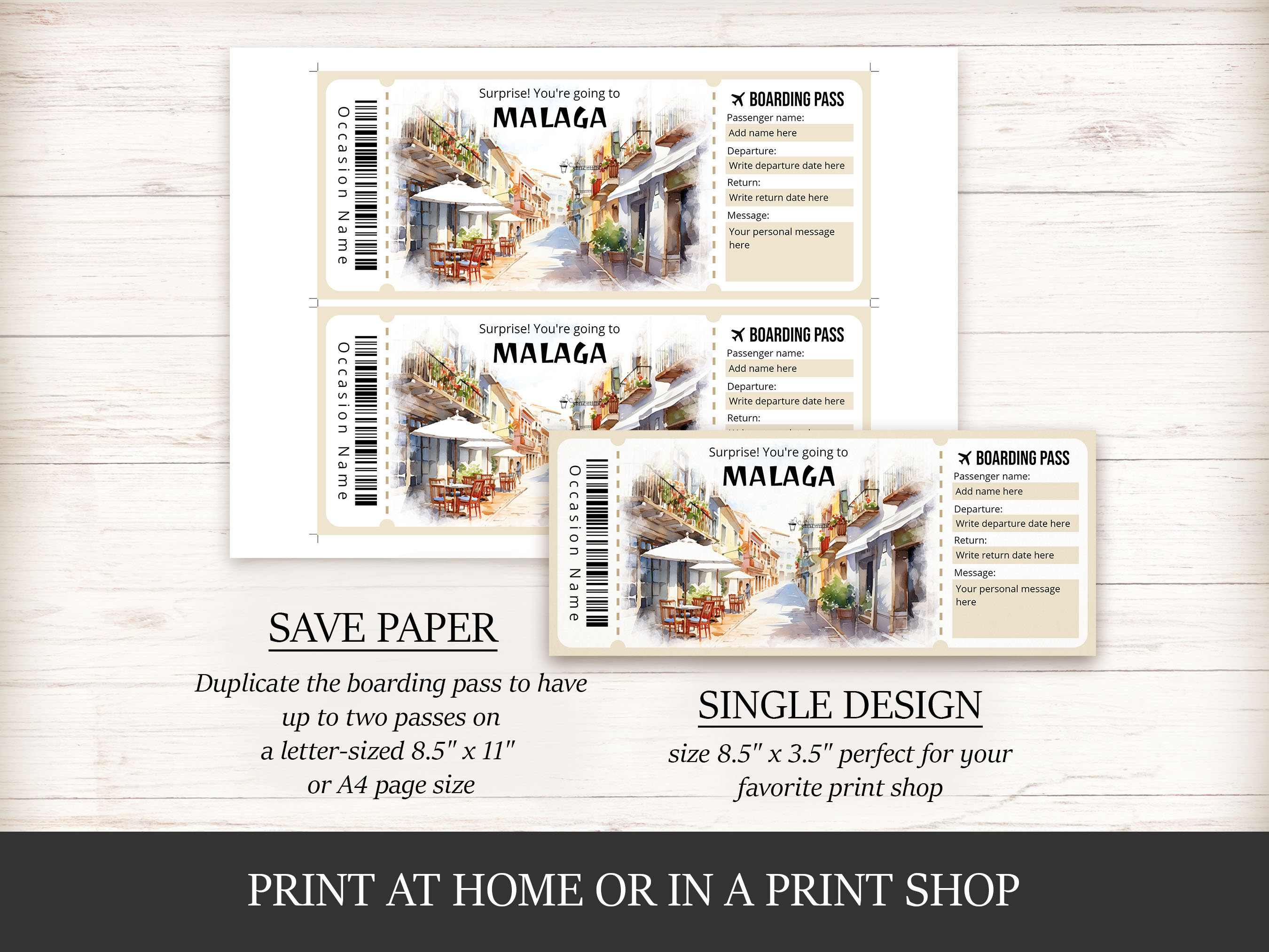 Editable Malaga Boarding Pass Template, Personalized Gift Printable ...