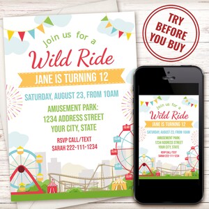 Amusement Park Birthday Invite, Editable Carnival Theme Birthday Party ...