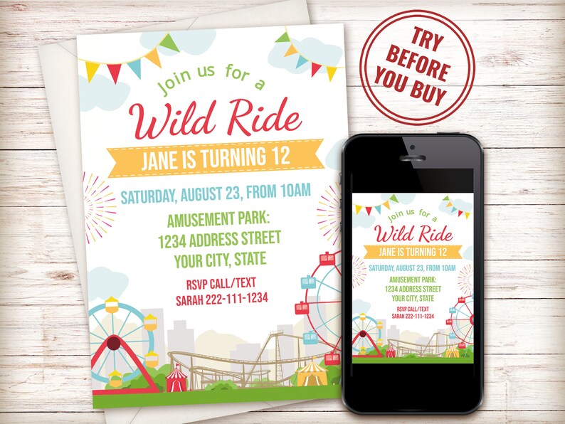 Amusement Park Birthday Invite, Editable Carnival Theme Birthday Party ...