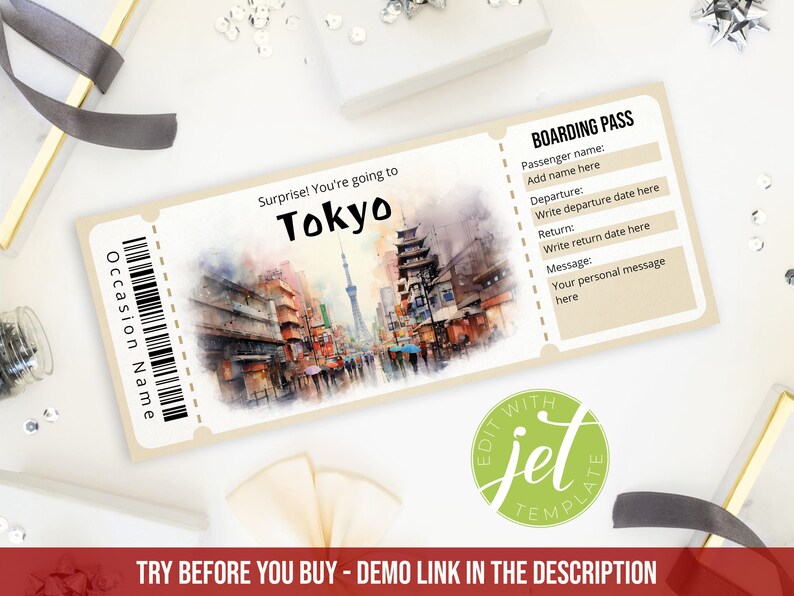Editable Tokyo Boarding Pass Template, Printable Watercolor Custom ...