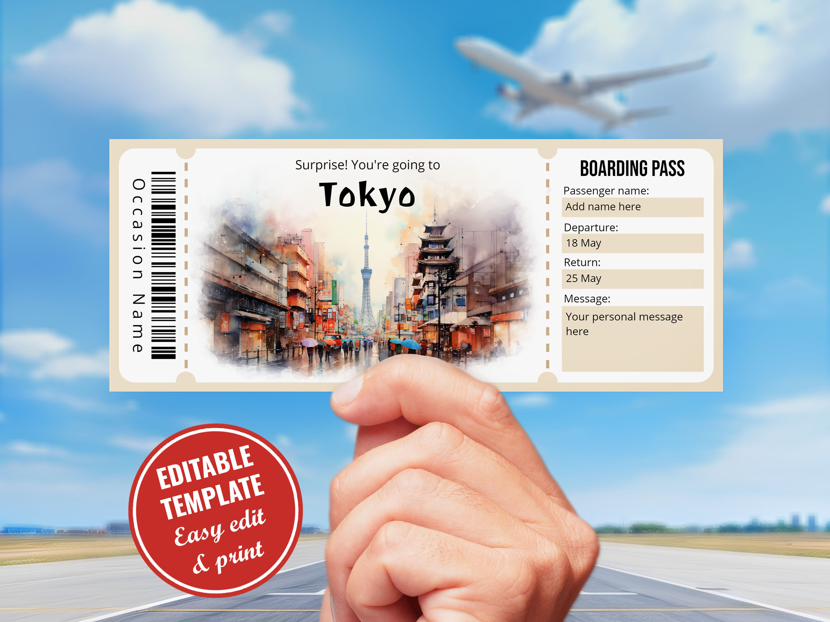 Editable Tokyo Boarding Pass Template, Surprise Printable Watercolor ...