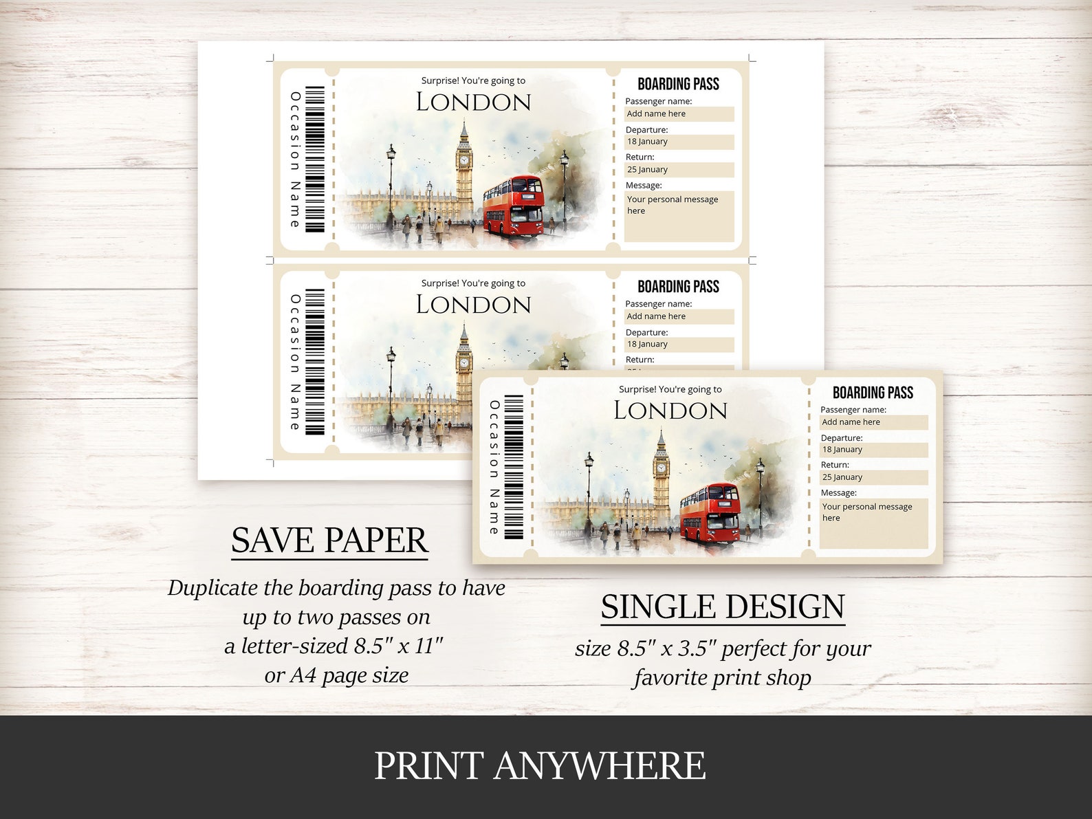 Editable London Boarding Pass Template, Surprise Watercolor London ...