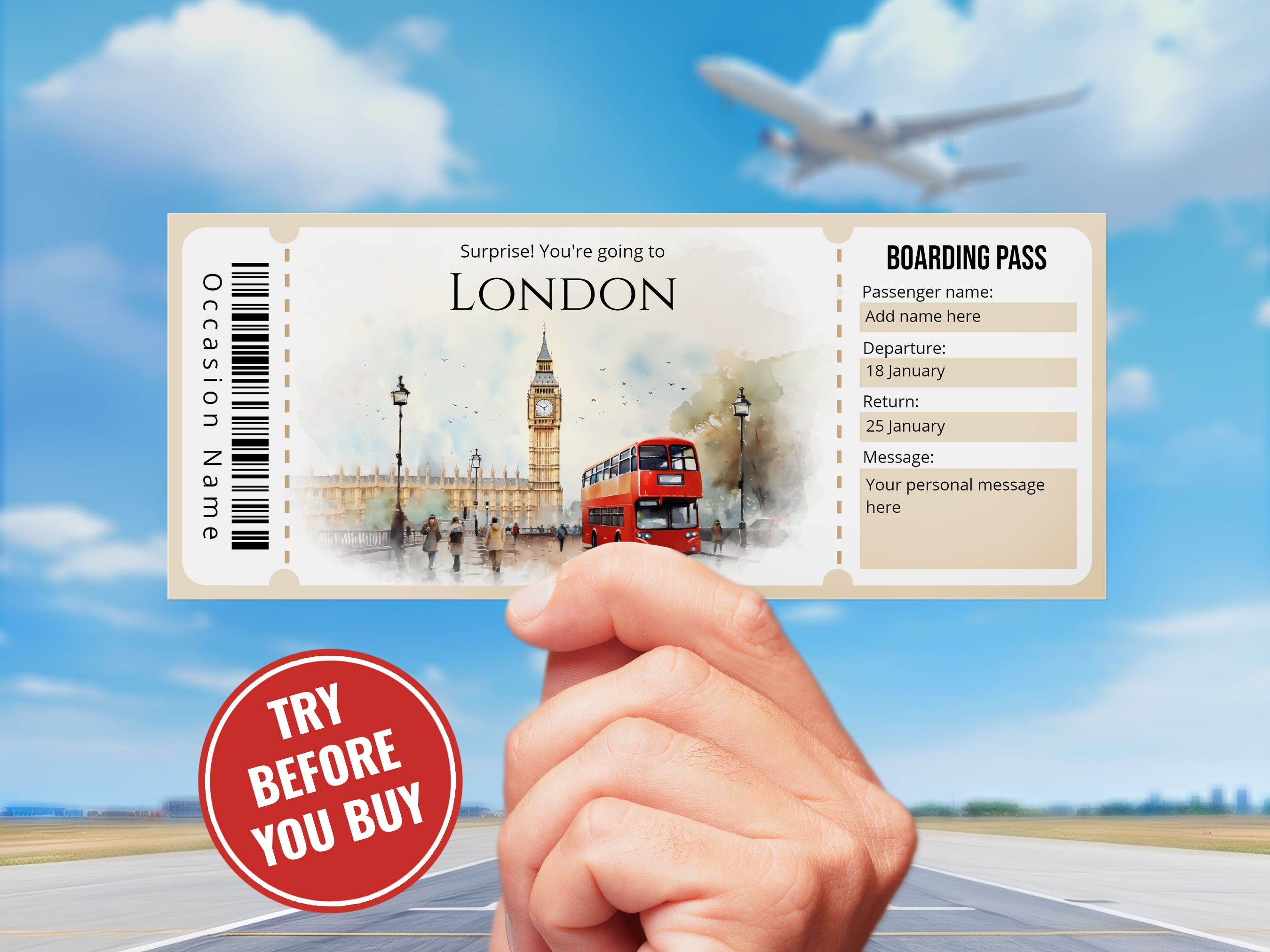 Editable London Boarding Pass Template, Surprise Watercolor London ...