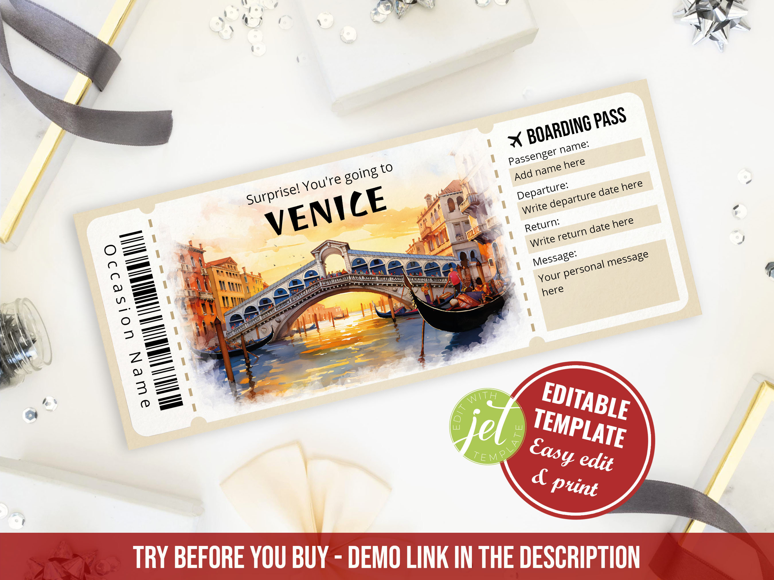 Editable Venice Boarding Pass Template, Personalized Gift Printable ...