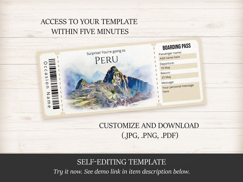 Editable Peru Boarding Pass Template, Watercolor Surprise Peru Trip ...