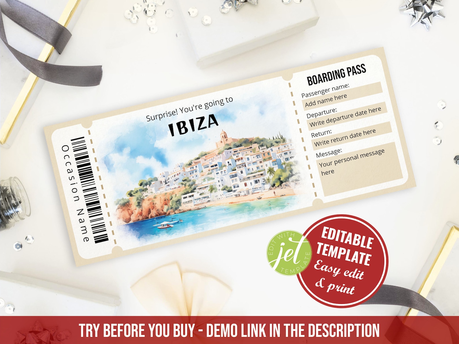 Printable Ibiza Boarding Pass Template, Personalized Editable Surprise ...