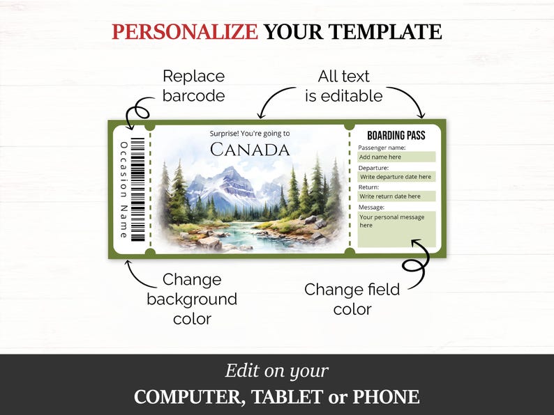 Editable Canada Boarding Pass Template, Watercolor Surprise Canada Trip ...