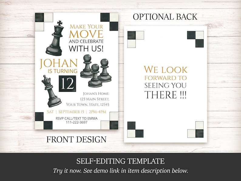 Editable Chess Birthday Invitation Template for Chess Lover, Chess ...